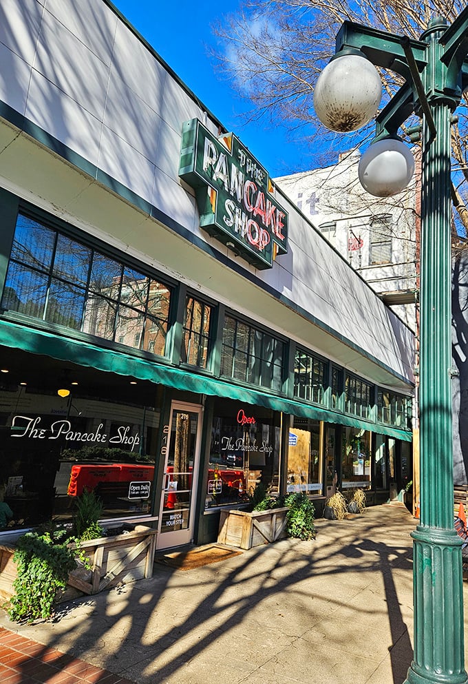Morning sunshine highlighting The Pancake Shop's welcoming fa&ccedil;ade &ndash; a Hot Springs landmark that's been worth the wait for generations of breakfast lovers.