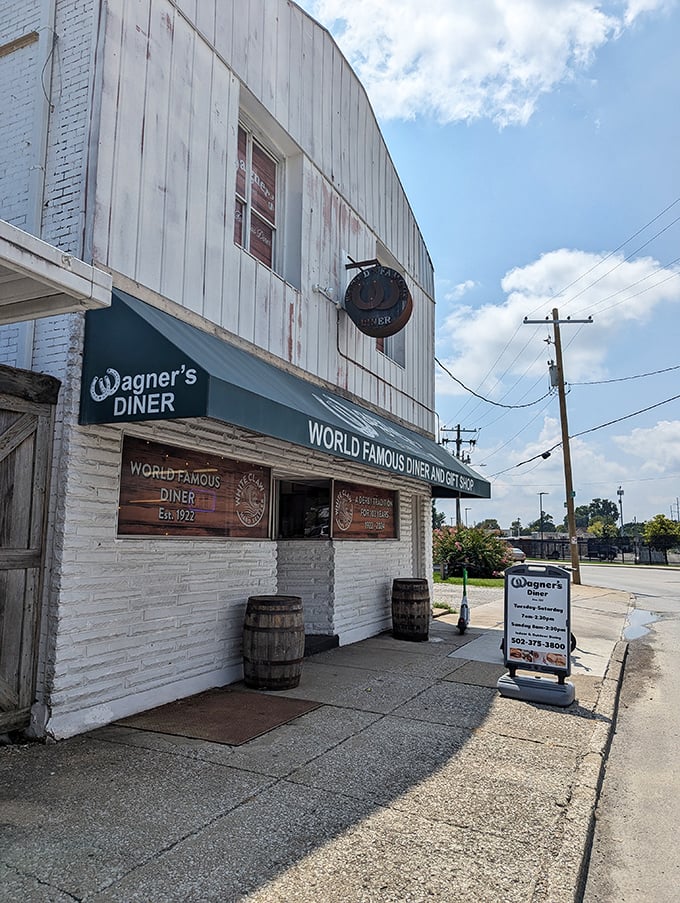 The unassuming exterior that houses more racing stories and breakfast memories than any fancy restaurant could ever hope to contain.