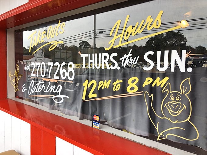 Hours posted like a promise of good times. That pig knows something you don't yet&mdash;but you will, very soon.