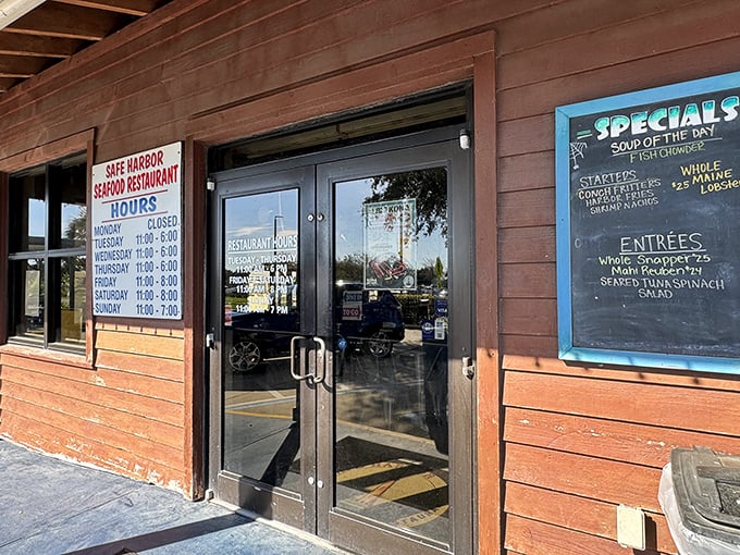 The entrance to seafood paradise&mdash;where the hours posted might as well read "Open when the fish are biting, closed when they're not."