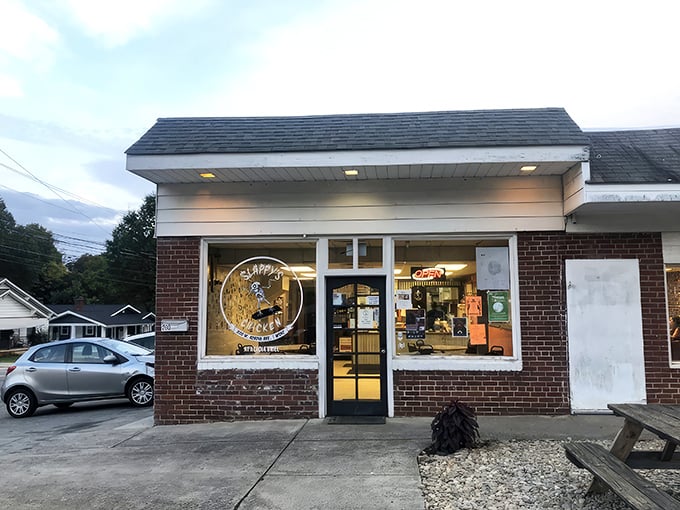 As evening approaches, the Slappy's glow beckons chicken pilgrims from across Winston-Salem. That illuminated skeleton knows what you need.