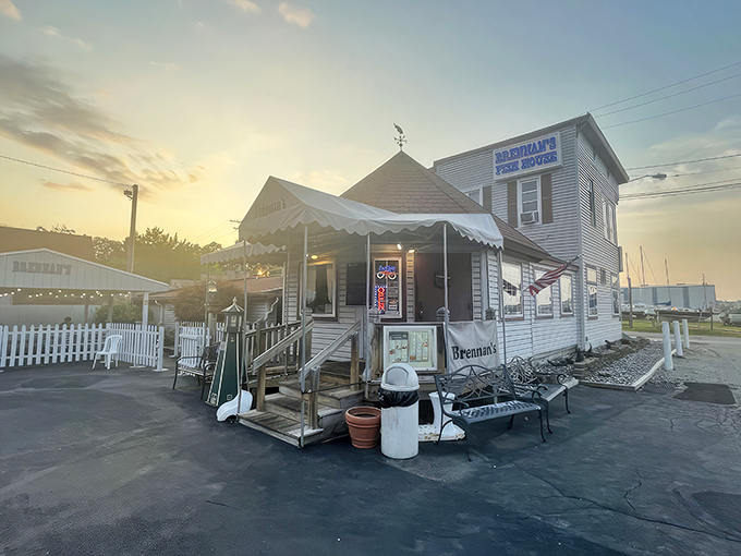 As the sun sets behind Brennan's Fish House, the glow from within promises warm hospitality and cold beer&mdash;a perfect end to an Ohio day.
