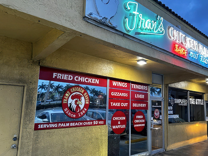 As evening falls, the neon sign beckons hungry travelers like a lighthouse guiding ships to safe, delicious harbor.