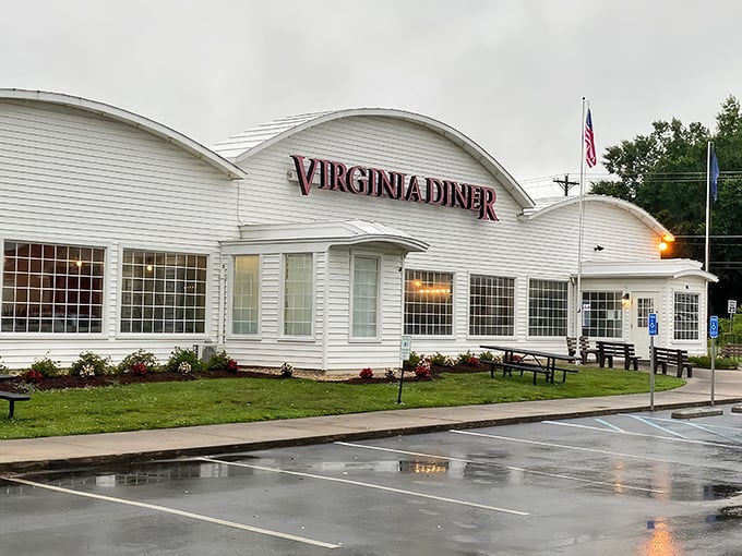 Even on a rainy day, the Virginia Diner's curved white exterior glows with welcome, like a lighthouse guiding hungry travelers to safe harbor.