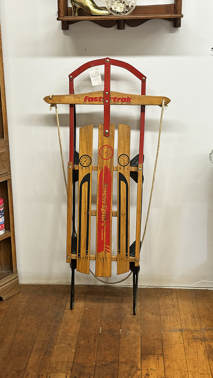 The Fastrak Torpedo sled stands ready for one more hill&mdash;a wooden and metal testament to winters when "screen time" meant watching snowflakes fall.