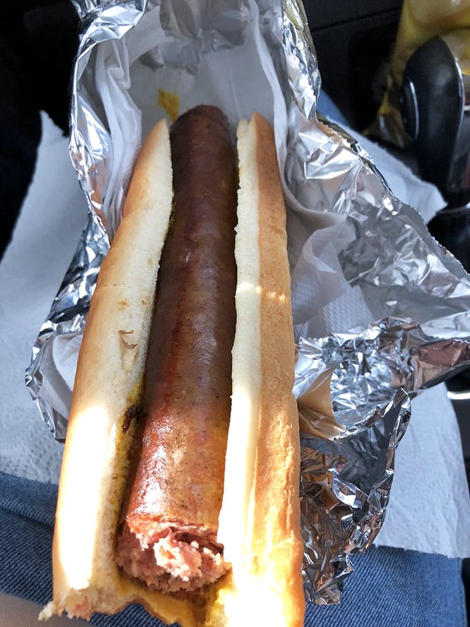 The footlong sausage dog in its natural habitat—your car, because you couldn't wait until you got home. No judgment here.