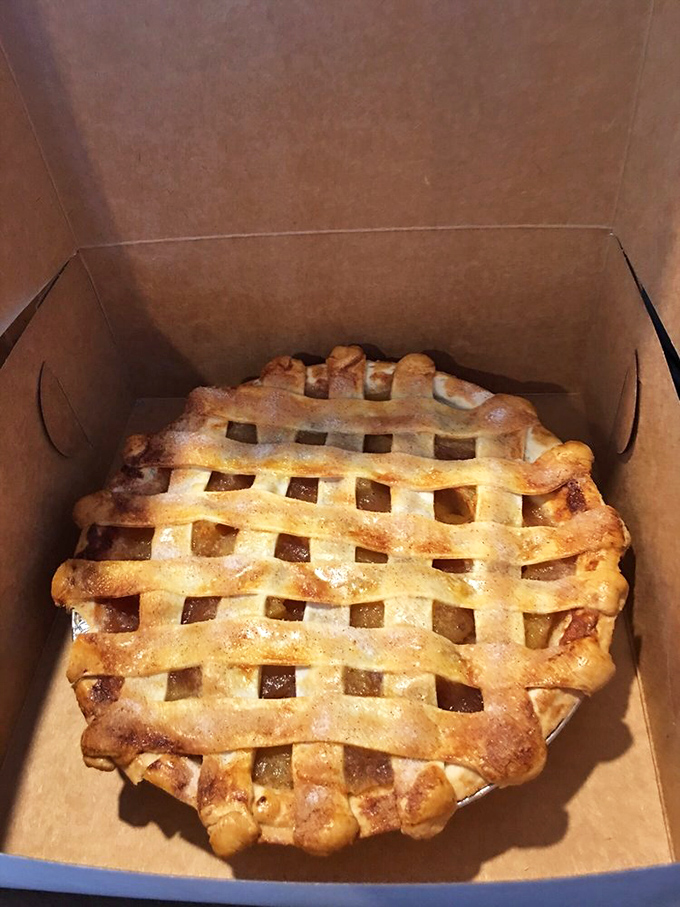 A lattice-topped apple pie in a to-go box&mdash;because the only thing better than breakfast at The Stove is taking a piece of it home with you.