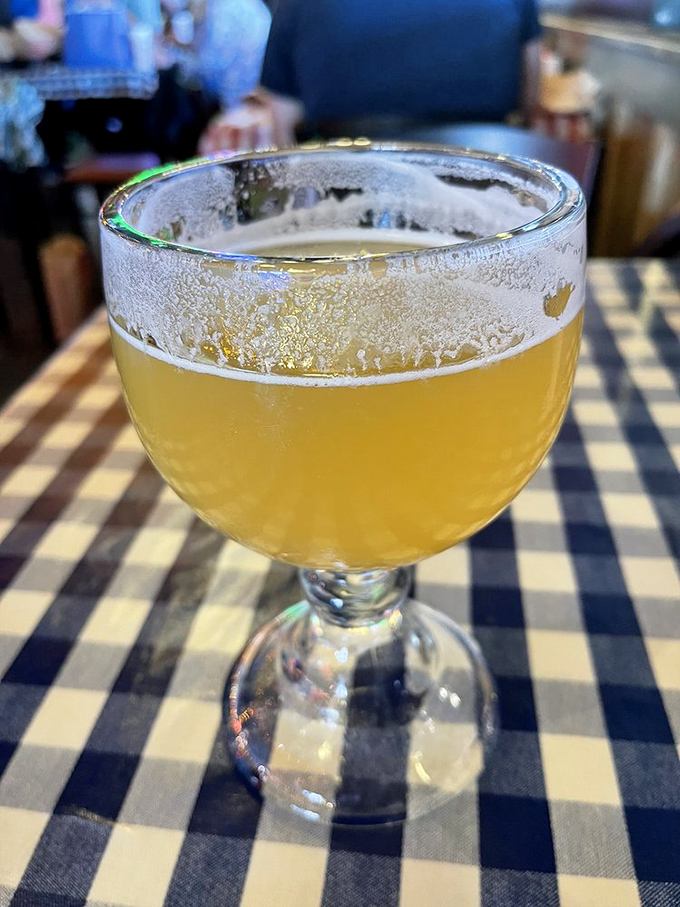 A frosty goblet of beer waiting to wash down all that Chicago goodness. Because some food experiences deserve a proper toast.