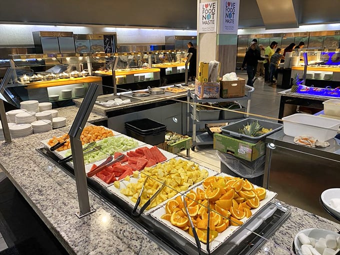 Fresh fruit display offering sweet redemption after indulging in seafood and sushi. The perfect palate cleanser before round three.