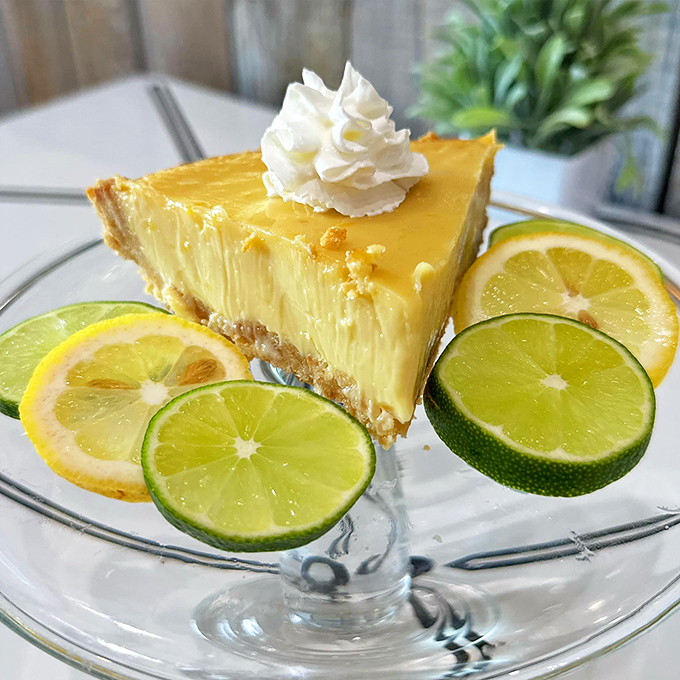 This key lime pie, garnished with citrus wheels, delivers sunshine on a plate &ndash; Florida's finest export without the humidity or alligators.