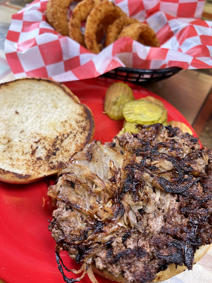 Behold the magnificent king double meat burger in its deconstructed glory&mdash;the perfect portrait of what happens when onions and beef become one on the grill.