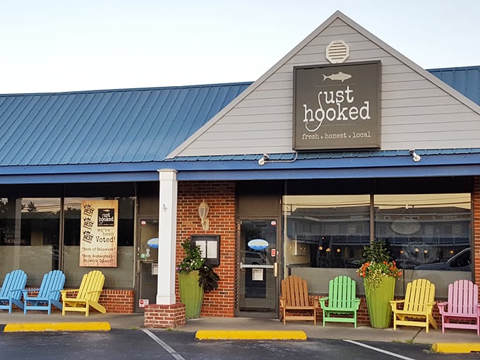 Just Hooked's colorful Adirondack chairs invite you to sit a spell before diving into some of the freshest seafood around.