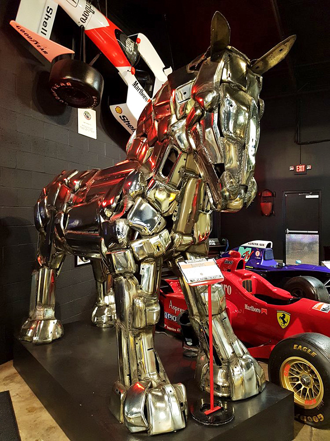 This metallic horse sculpture made from car parts proves that automotive art extends beyond the vehicles themselves. Horsepower in its most literal form.