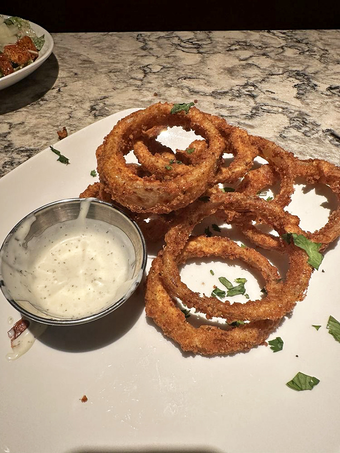 These aren't your carnival onion rings. Perfectly crisp, perfectly seasoned circles of joy with dipping sauce that makes you consider drinking it.