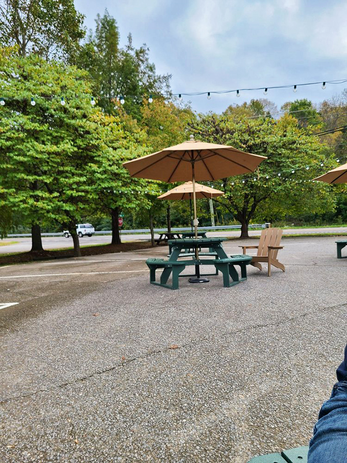 Outdoor picnic tables under string lights and shade trees offer a peaceful alternative for those who prefer their comfort food with a side of fresh air.