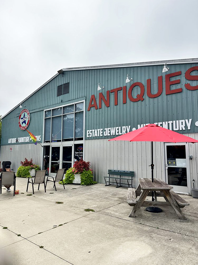Even on cloudy days, the pavilion's cheerful exterior and inviting outdoor seating area beckon to passing travelers&mdash;Michigan's answer to rainy day entertainment.