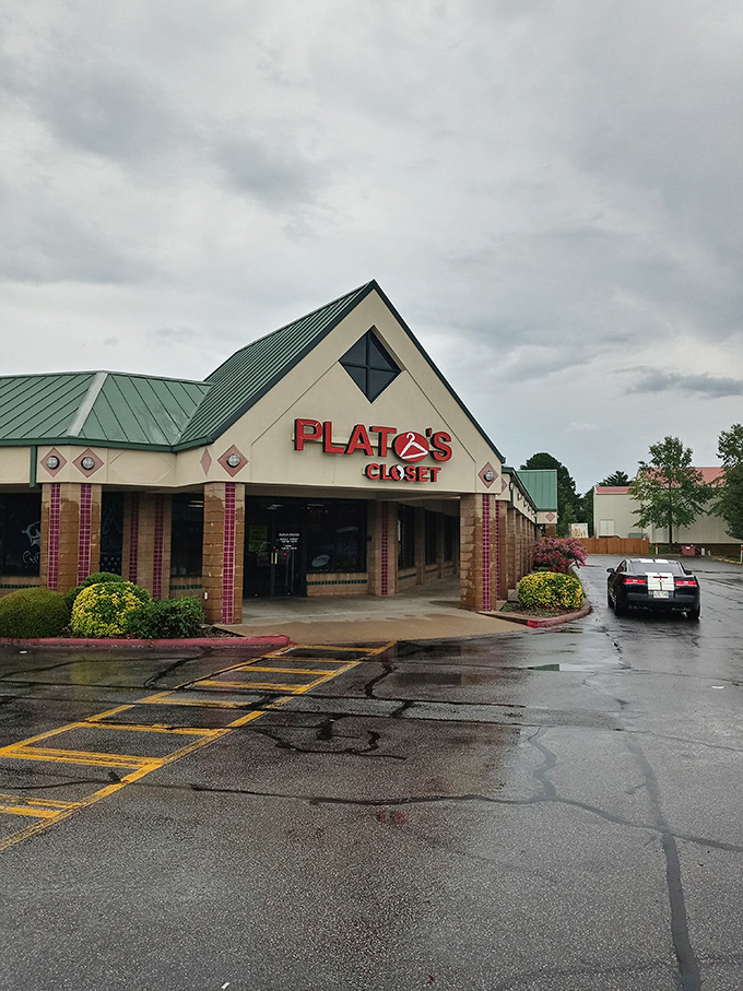 Even on a rainy day, Plato's Closet's inviting storefront beckons to fashion-conscious shoppers seeking both style and savings.