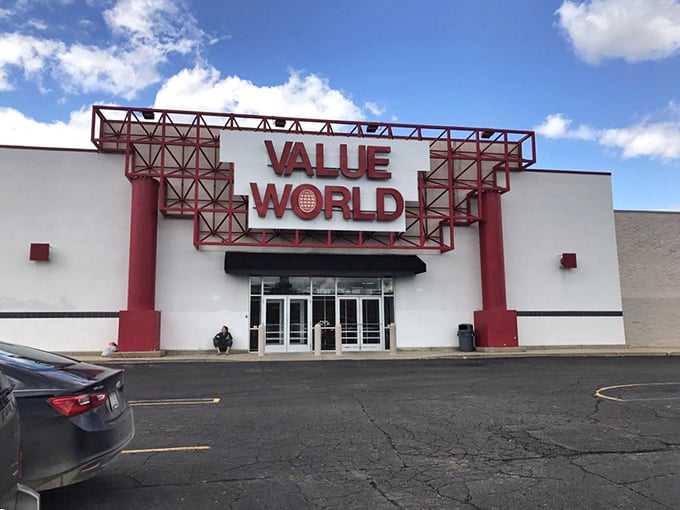Value World's entrance stands like a portal to possibility&mdash;the thrift store equivalent of "Open Sesame" for budget-conscious treasure hunters.