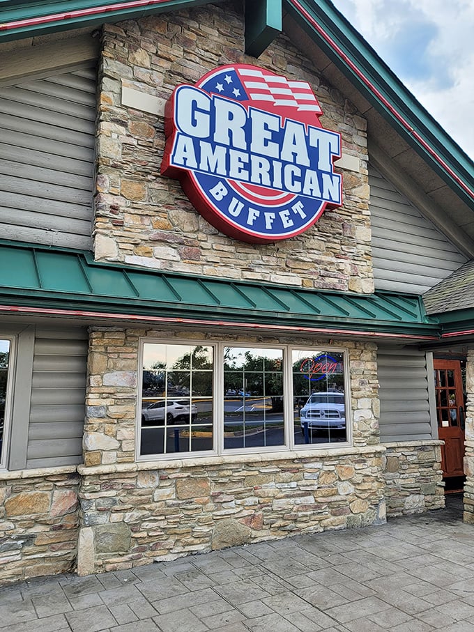 Stone facade and that iconic sign&mdash;like a lodge for hungry travelers. The Great American Buffet doesn't just feed you; it welcomes you home.