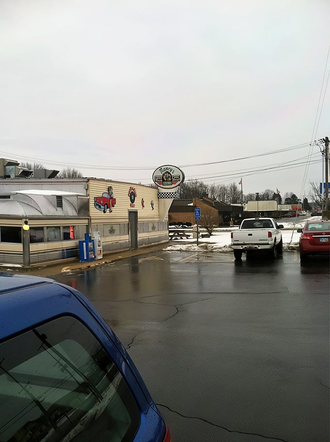 Even on a gray Ohio day, Nancy's sign shines like a beacon to hungry travelers. The parking lot tells the story: locals know best.