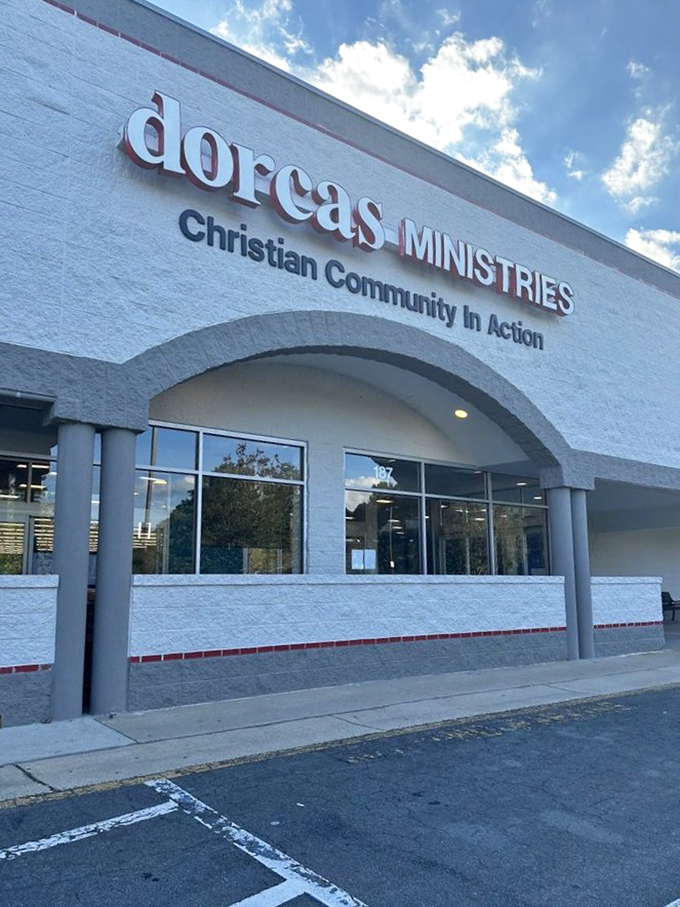 Blue skies above the Dorcas Ministries storefront&mdash;a reminder that every purchase helps this Cary institution continue its mission of community support.