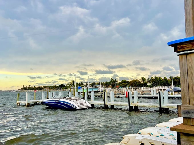 As the sun sets over the Intracoastal Waterway, boats dock for dinner. Some views simply can't be improved upon, even by key lime pie.