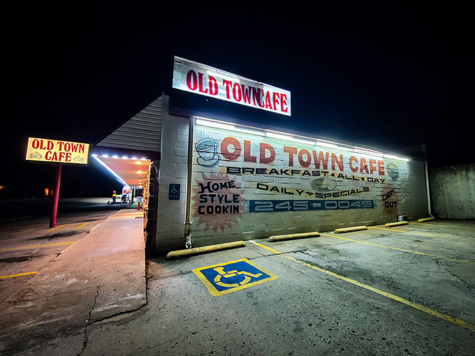 Even at night, that glowing sign serves as a lighthouse for hungry travelers&mdash;"BREAKFAST ALL DAY" never looked so inviting.