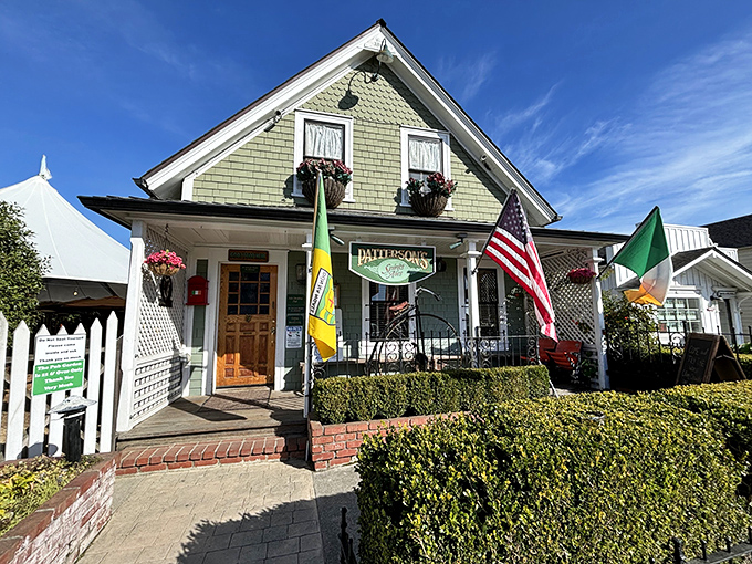 Patterson's Pub flies its flags with pride, promising cold beer and warm conversation after a day of coastal exploration.