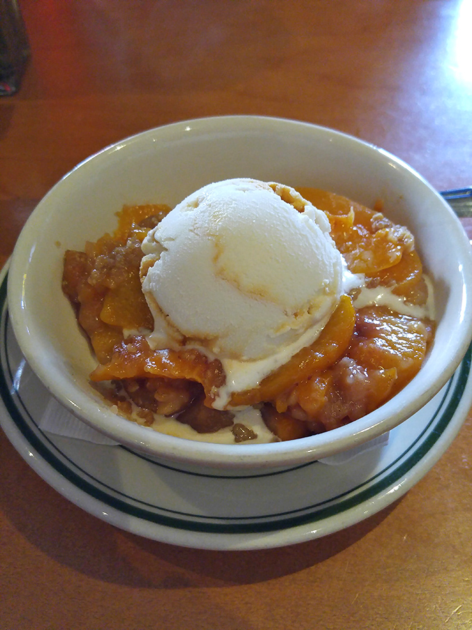 Peach cobbler that makes you understand why the South never truly surrendered. That scoop of vanilla ice cream is just showing off.