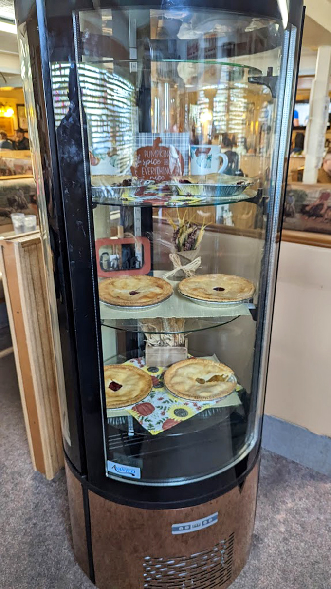 The rotating pie display—nature's most perfect food preservation system and the reason willpower was invented in the first place.