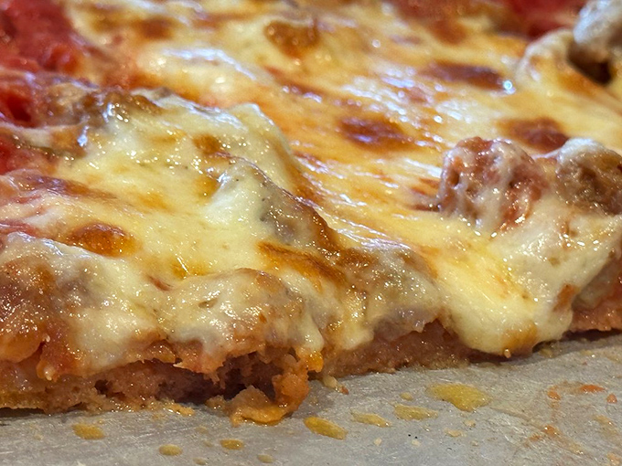 Cheese stretches toward infinity in this close-up that captures the molten perfection that makes Nicola's pizza worth fighting over that last slice.