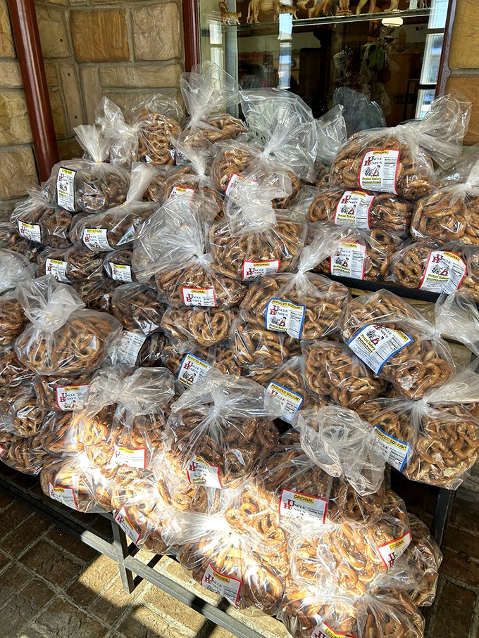 Pretzel paradise! These twisted treasures of dough and salt are stacked like edible gold, ready to accompany you on the ride home&mdash;if they last that long.