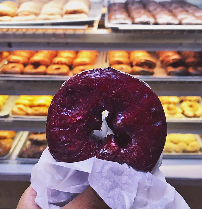 The red velvet donut poses for its glamour shot. This mysterious beauty has caused many to abandon their diet resolutions without regret.