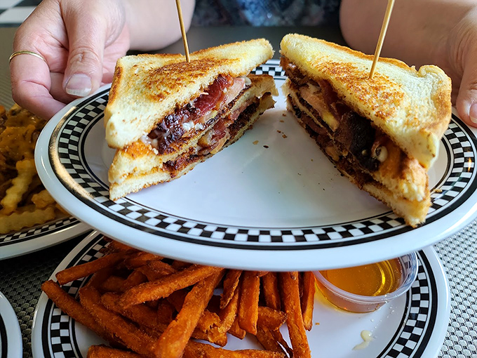 A sandwich cut diagonally&mdash;as all proper sandwiches should be. The toothpicks aren't just functional, they're exclamation points for flavor.