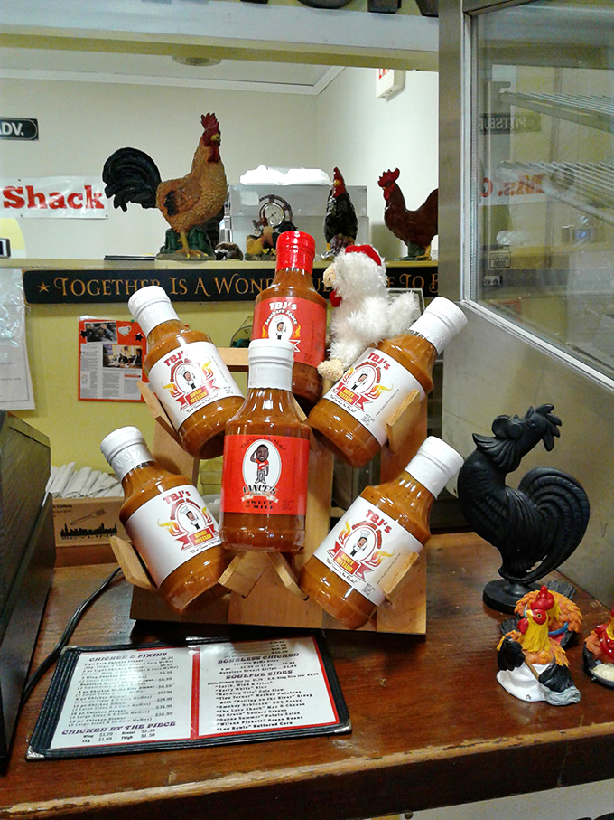 House-made sauces surrounded by chicken figurines&mdash;the condiment equivalent of being guarded by delicious treasures.
