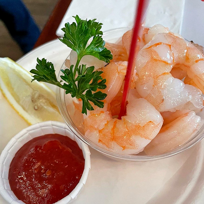 Shrimp cocktail so fresh it practically introduces itself. That sprig of parsley isn't garnish&mdash;it's a tiny green victory flag.