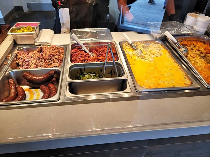 The sides station &ndash; a colorful chorus line of supporting players that could easily steal the show if the barbecue weren't so phenomenally good.