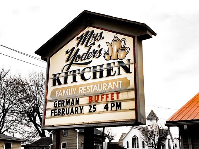 The iconic sign announces special buffet nights like they're Broadway openings. In Amish Country, a German buffet is the equivalent of scoring Hamilton tickets.
