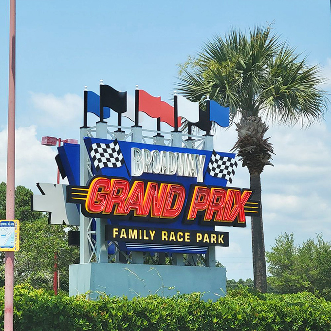 The neon sign stands tall against the Carolina sky, a beacon for speed enthusiasts and families seeking their adrenaline fix.