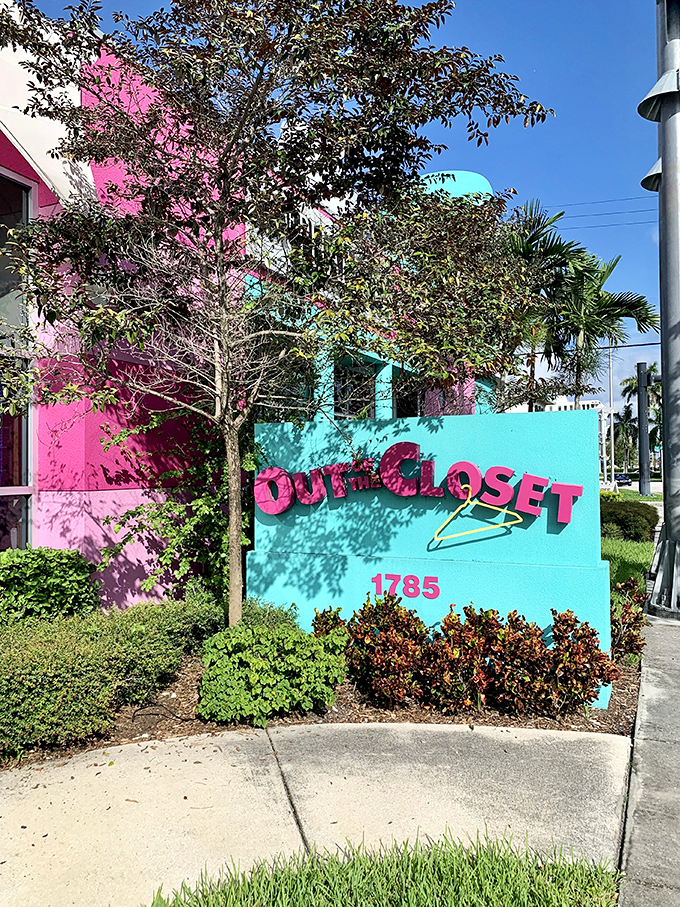 Out of the Closet and into your heart! This sign promises a shopping adventure that's as colorful as it is charitable.
