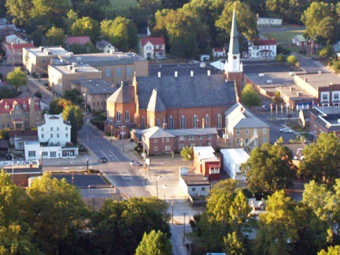 From above, Ste. Genevieve reveals its perfect small-town layout. The church spire still serves as the community's center point, just as it has for generations.
