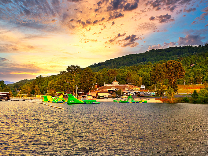 As the sun sets behind the mountains, the water park glows like a neon mirage. Day's end at Marina Station proves that even paradise can be improved.