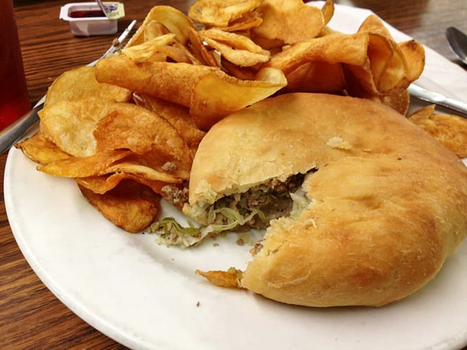 The bierock&mdash;Kansas's answer to the hot pocket, if hot pockets went to culinary finishing school. Those homemade chips deserve their own fan club.