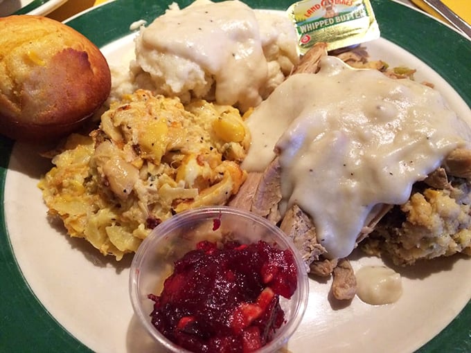 Thanksgiving comes whenever you want it at OK Cafe. Turkey, dressing, and cranberry sauce create a holiday reunion on your plate.