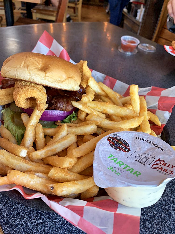 This burger and fries combo isn't just lunch&mdash;it's proof that Billy Gail's mastery extends well beyond the breakfast hours. Note the housemade tartar sauce!