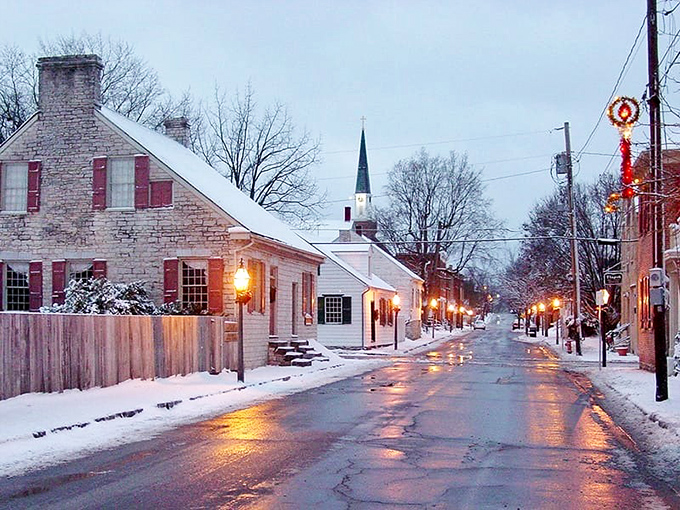 Winter transforms Ste. Genevieve into a Hallmark movie come to life, with snow-dusted limestone buildings glowing warmly against the chill.