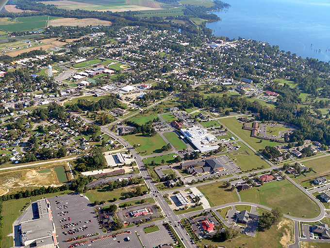 From above, Edenton reveals its perfect balance of small-town charm and waterfront splendor, like a model train village designed by Mother Nature herself.