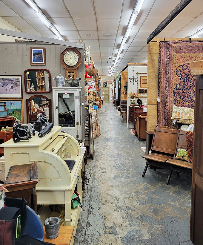 Long aisles of carefully arranged furniture and decor create a path through decades of American design history.
