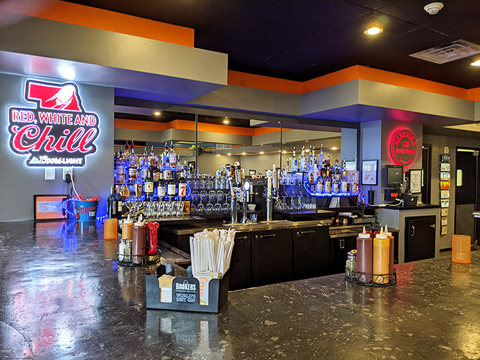 The "Red, White and Chill" bar area&mdash;where bourbon and barbecue form a partnership more perfect than most marriages I know.