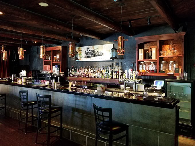 A bar that Hemingway would write novels at, stocked with enough spirits to commune with them. Prohibition never looked so thoroughly defeated.